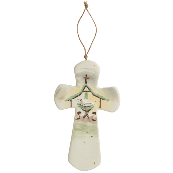 Stoneware Ceramic Manger Nativity Cross with Twine Hanger | Mud Pie