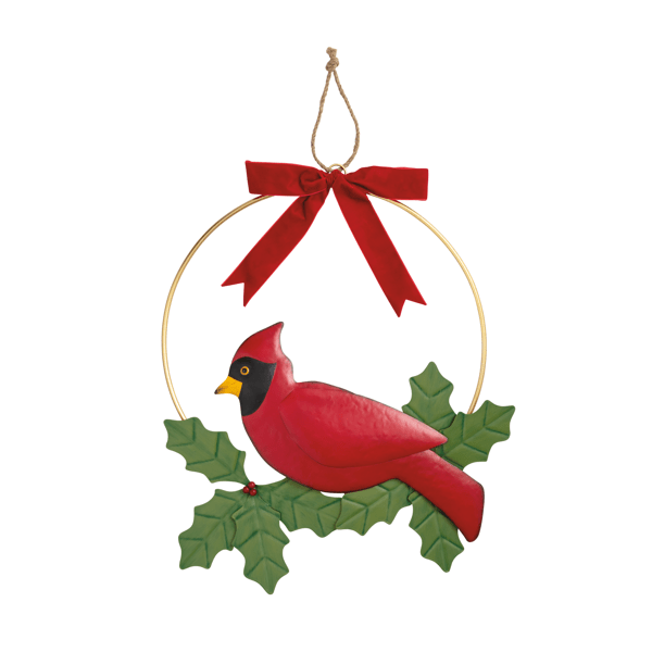 Cardinal Tin Door Hanger | Velvet Bow Accent on Iron Ring | Mud Pie
