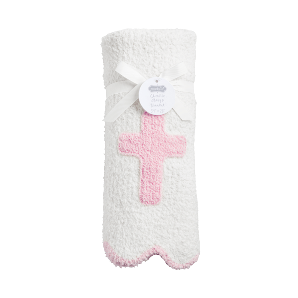 Pink Cross Chenille Blanket | Boucle Design with Scallop Edges | Mud Pie
