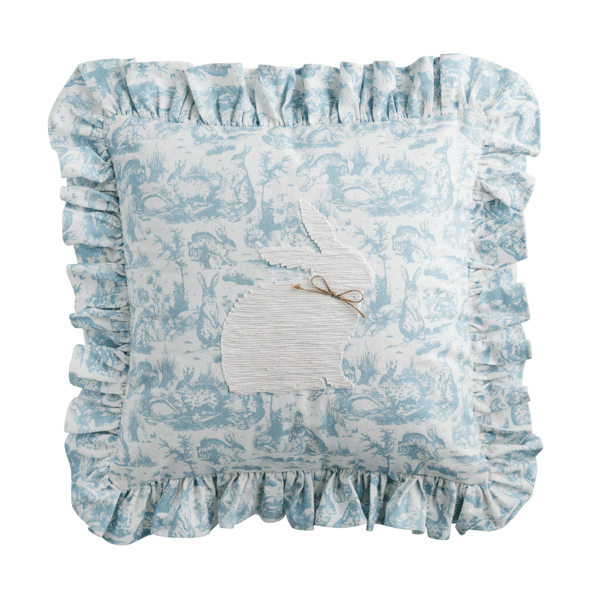 Square Toile Bunny Pillow with Ruffle Flange | Spring Decor | Mud Pie