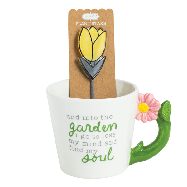 Pink Flower Handle Mug & Plant Stake Set | 2pc Gift Set | Mud Pie
