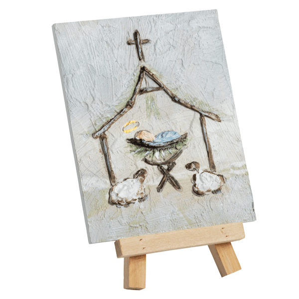 Manger Farmhouse Art | Rustic Canvas Print with Wooden Easel | Mud Pie