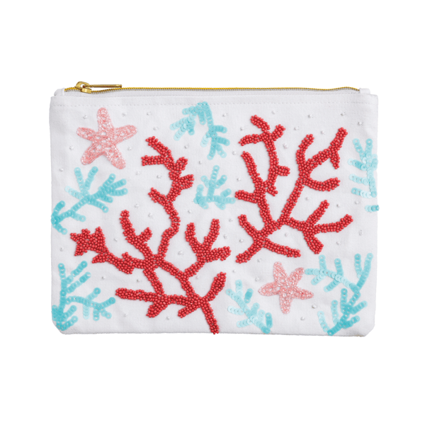 White Coral Beaded Clutch | Chic Canvas Zipper | Mud Pie