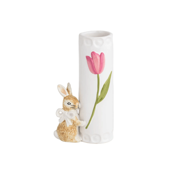 White Bow Bunny Stoneware Bud Vase | Easter Table Accent | Mud Pie