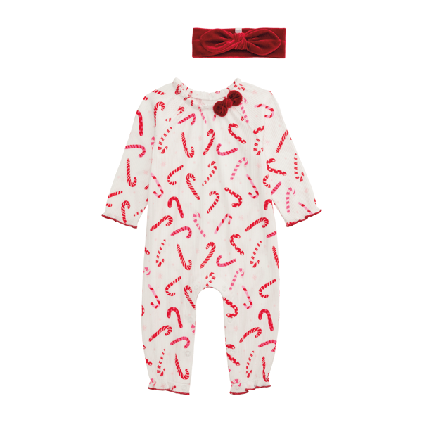 Candy Cane Baby Bodysuit (3-6M) | Velvet Bow & Coordinating Headband ...