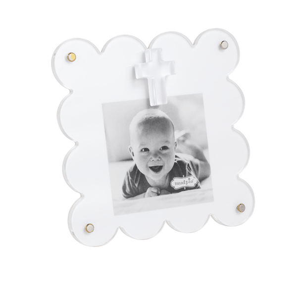 White Acrylic Cross Frame Scalloped 3x3 Photo Display | Mud Pie