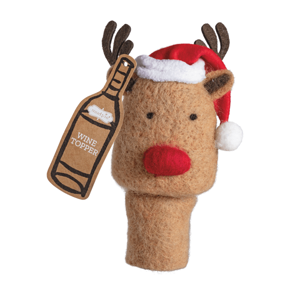 Reindeer Wine Topper | Embroidered Felt Holiday Charm | Mud Pie