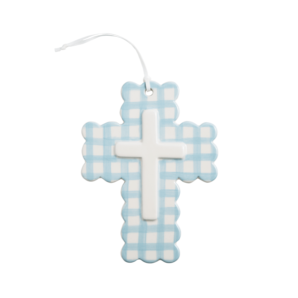 Blue Ceramic Gingham Cross with Hanger | Mud Pie