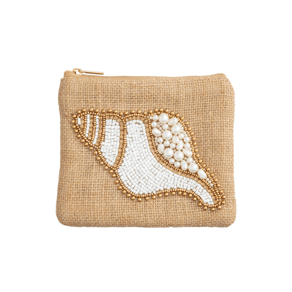 Tan Shell Beaded Pouch | Coastal Luxe Cotton Accessory | Mud Pie