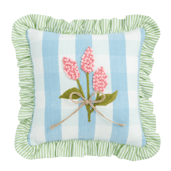 Blue Buffalo Check Embroidered Floral Pillow