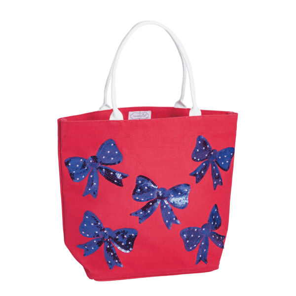 Red Americana Bows Sparkle Tote | Tinsel Canvas Handbag | Mud Pie