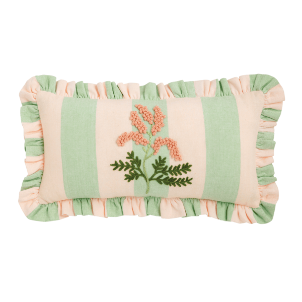 Green Stripe Embroidered Pillow with Ruffle Flange Design | Mud Pie