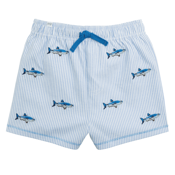Shark Swim Trunks 2T-3T | Durable Seersucker Swim Shorts | Mud Pie